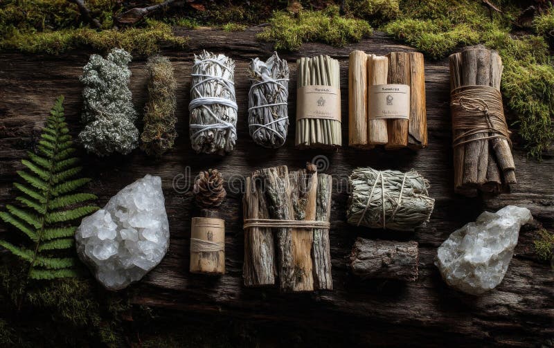 Variety of Smudge Sticks and Crystals on Wood Stock Illustration ...