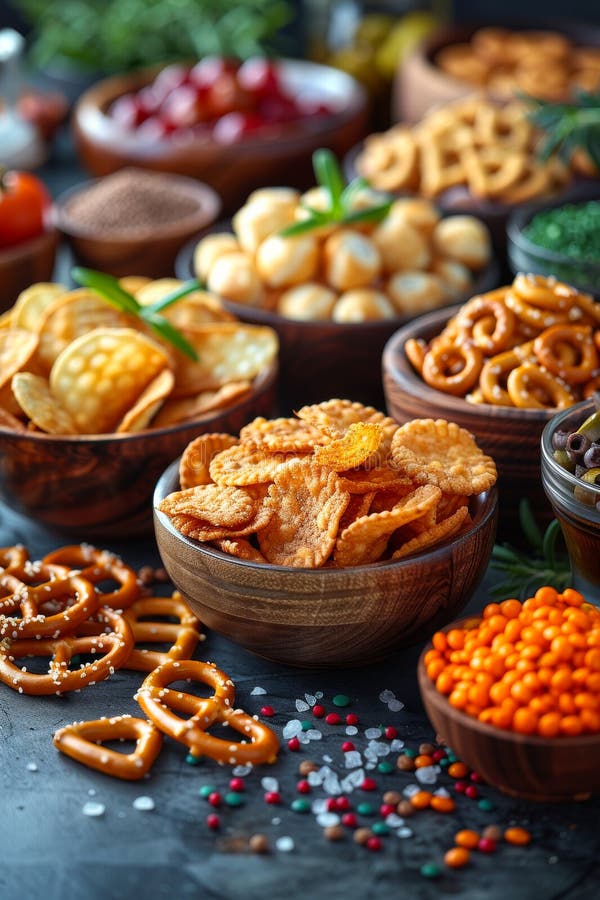 A Variety of Snacks are Displayed in Wooden Bowls on a Counter. Stock ...