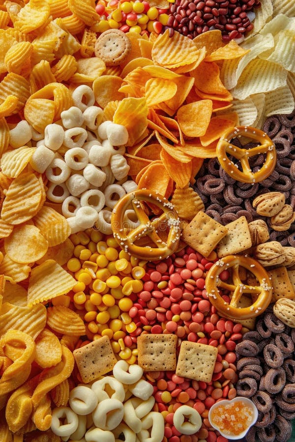 A Variety of Snacks Including Chips, Pretzels Stock Image - Image of ...