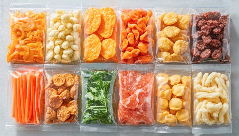 Variety of Snacks Inside Vacuum Sealed Plastic Bags for Freezer Storage ...