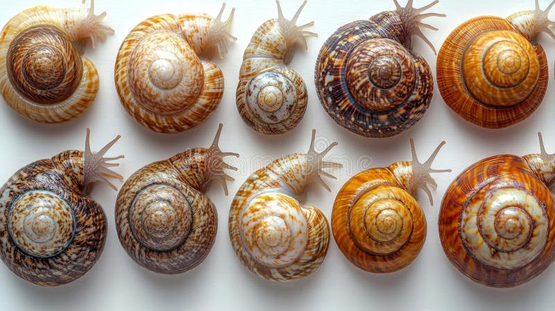 Variety of Snails with Beautifully Patterned Shells on White Background ...