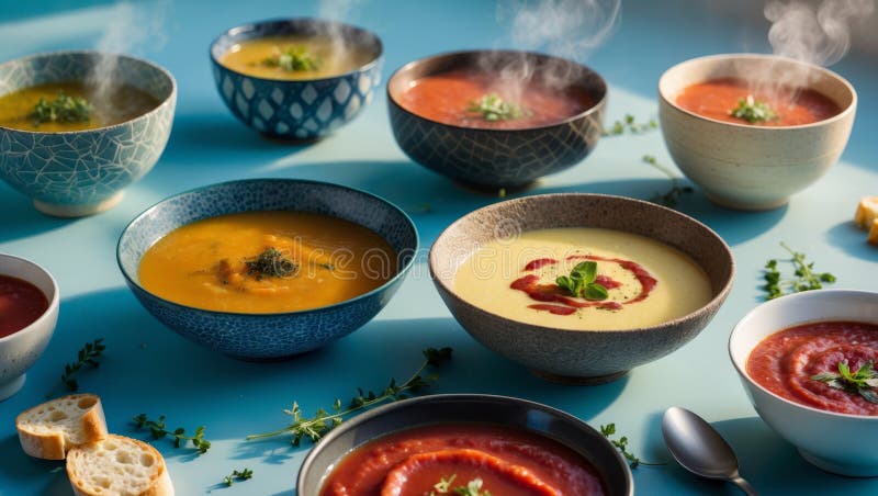 A Variety of Soups in Different Bowls on a Blue Surface. Stock Photo ...