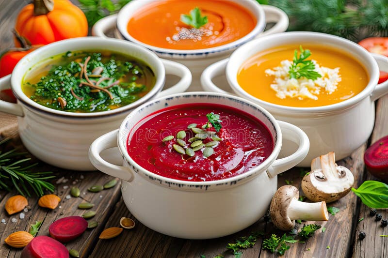 A Variety of Soups and Vegetables Displayed on the Table Stock Image ...
