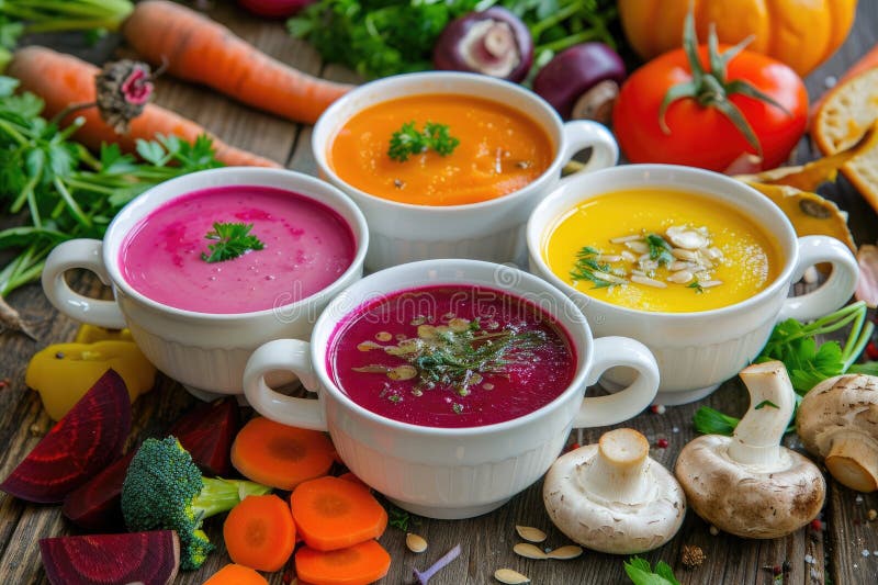 A Variety of Soups and Vegetables Displayed on the Table Stock Image ...
