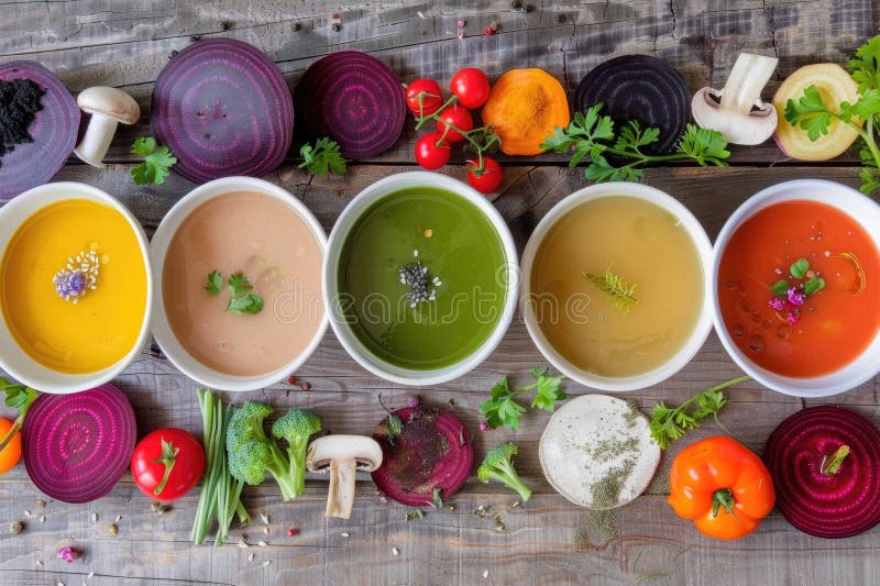 A Variety of Soups and Vegetables Displayed on the Table Stock Photo ...