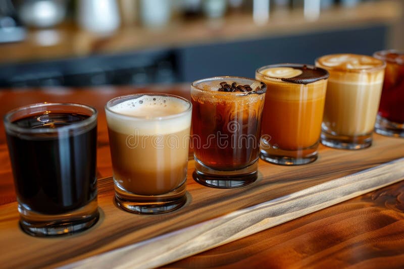 Assorted Mini Coffee Flight Sampler on Wooden Table for Tasting Stock ...