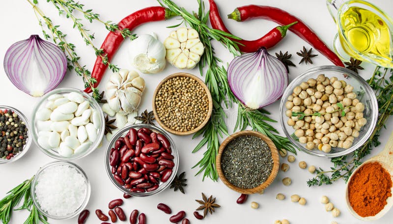 A Variety of Spices and Herbs on a Light Table. Cooking Background ...