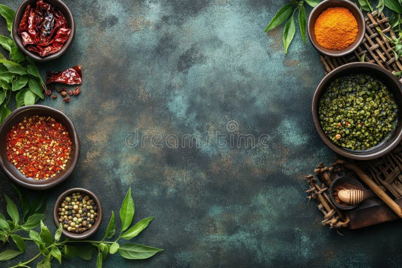 Variety of Spices and Herbs Spread Out on a Textured Surface in a ...