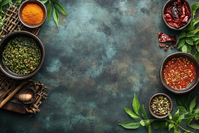 Variety of Spices and Herbs Spread Out on a Textured Surface in a ...
