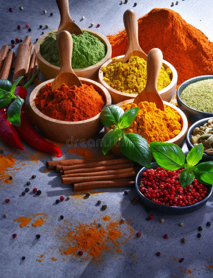 Variety of Spices on Kitchen Table Stock Image - Image of pepper ...