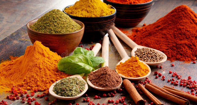 Variety of Spices on Kitchen Table Stock Image - Image of table, leaf ...