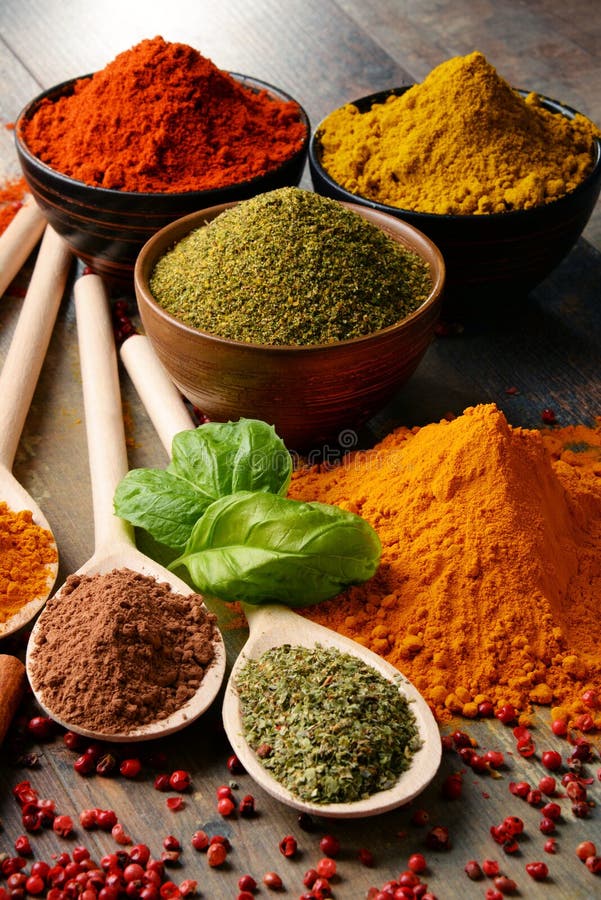 Variety of Spices on Kitchen Table Stock Image - Image of cooking, dish ...