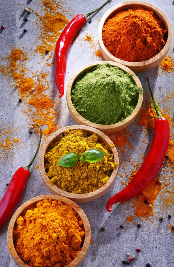 Variety Of Spices On Kitchen Table Stock Image - Image of table, spice ...