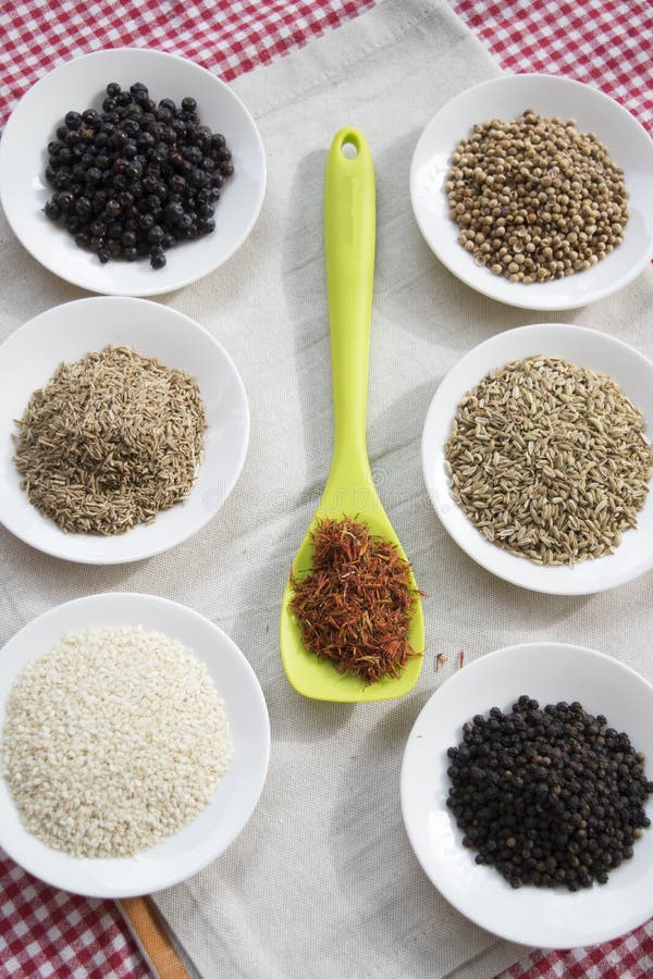 Variety of Spices on White Saucers Stock Photo - Image of condiment ...