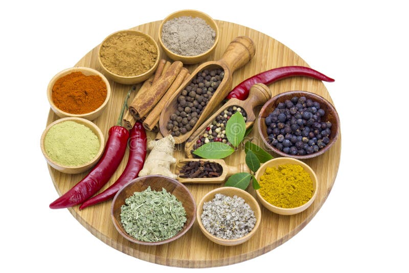 Variety of Spices on Wooden Board Stock Photo - Image of composition ...