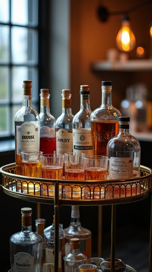 Variety of Spirits with Multiple Bottles and Glasses Displayed Stock ...