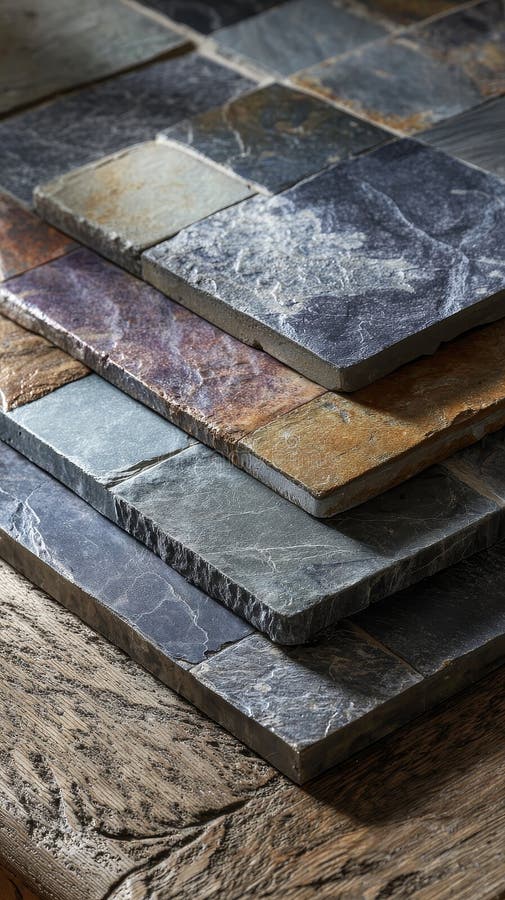 Variety of Stacked Natural Stone Tiles on Rustic Wooden Surface Stock ...