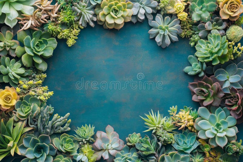 Variety of Succulents Forming a Frame on a Turquoise Textured ...
