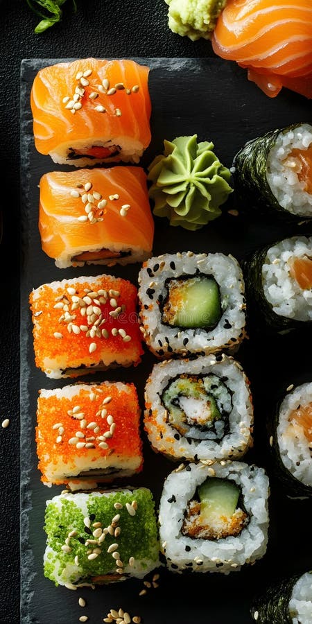 Variety of Sushi Rolls Arranged on Slate Plate Stock Illustration ...
