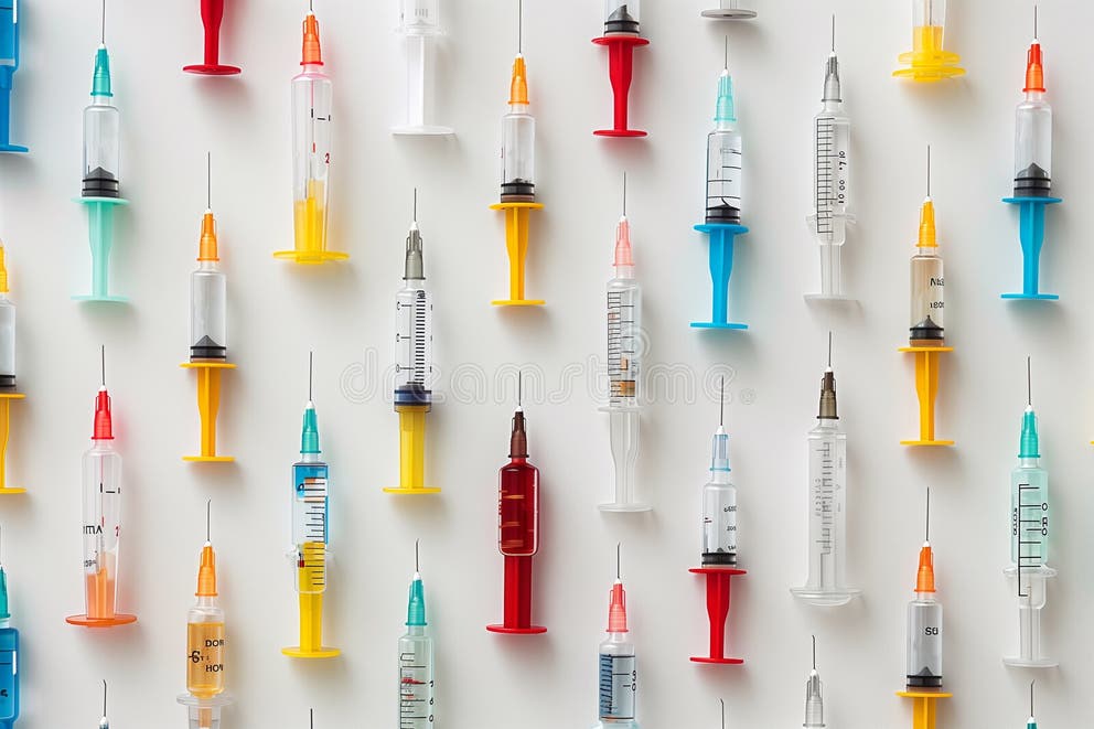 Assortment of Colorful Syringes Arranged on White Background Stock ...