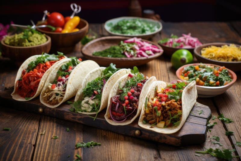 Variety of Tacos with Different Fillings on Rustic Table Stock Photo ...