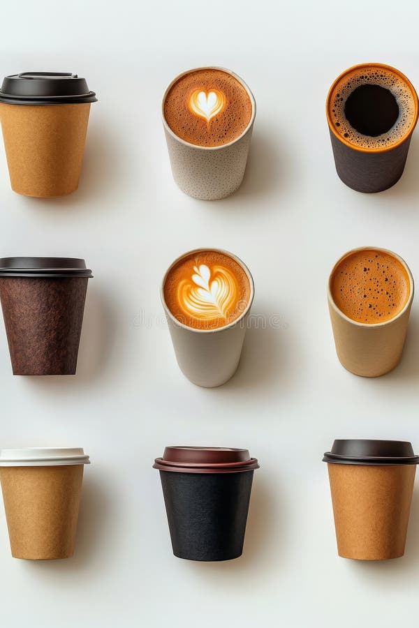 Variety of Take Away Paper Coffee Cups with Different Coffee Types ...