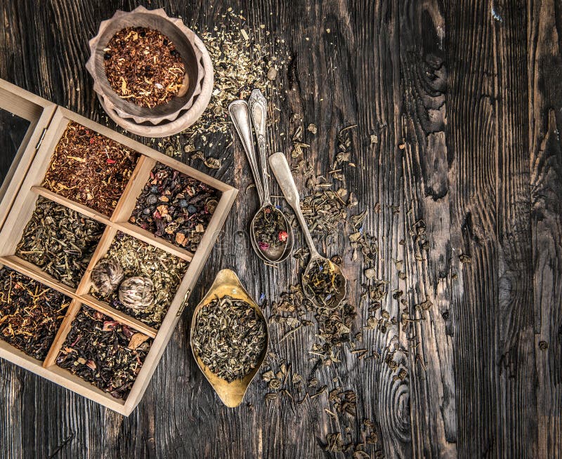 Variety of Teas, Mixes in Copper Dish, Topview Stock Photo - Image of ...