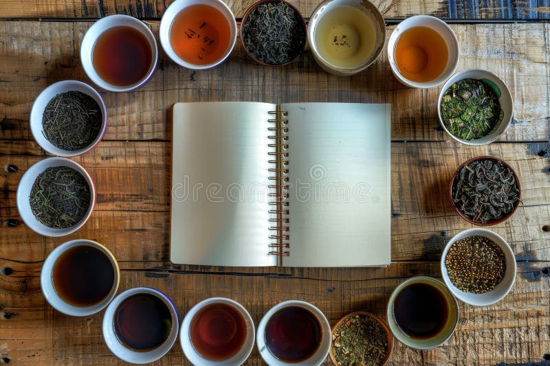 Variety of Teas with Open Notebook on a Wooden Table Stock Illustration ...