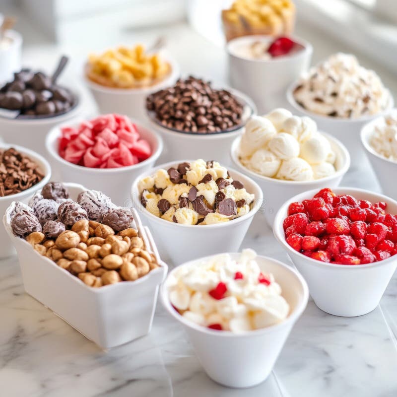 A Variety of Toppings for Ice Cream in White Bowls Stock Illustration ...