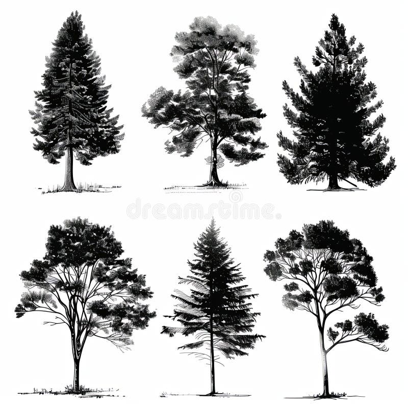 A Variety of Tree Silhouettes in Sketches on White Backdrop Stock Image ...
