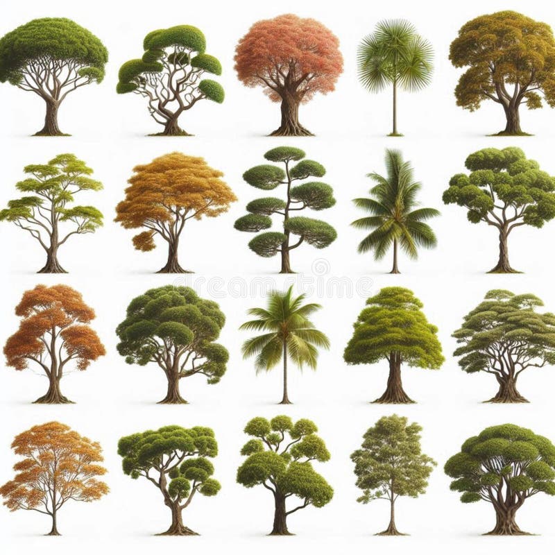 Variety of Tree Species Isolated on White Background Showcasing Unique ...