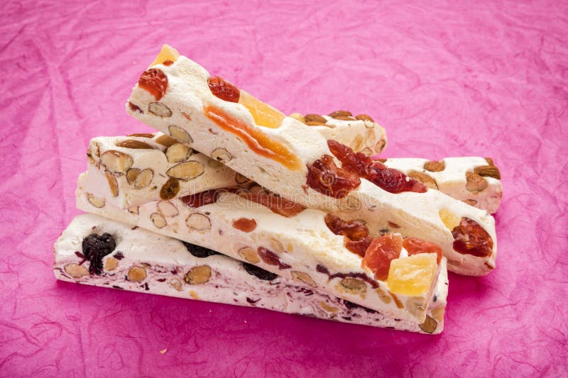 Variety Turron Blocks Nuts Candied Fruit Pink Background Stock Photos ...