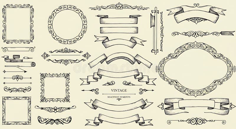 Variety of Vintage Design Elements Including Ornate Frames, Banners ...