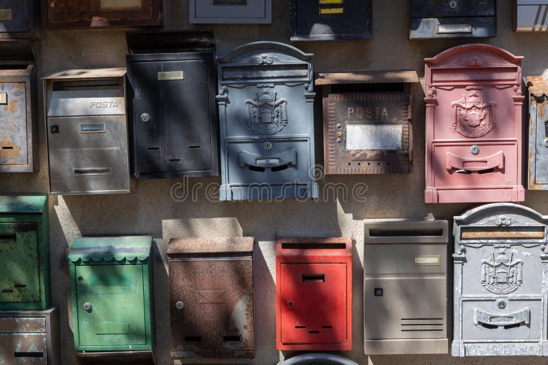 Variety of Vintage Mailboxes on Wall Stock Photo - Image of mounted ...