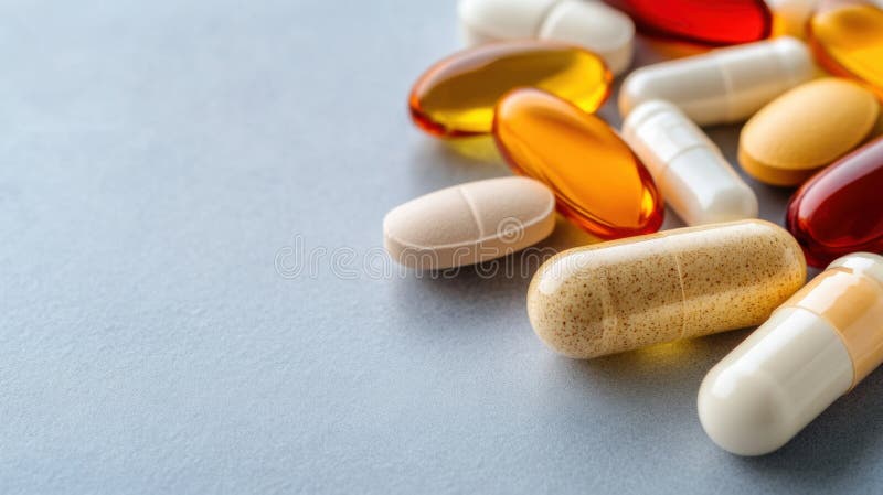 Assorted Vitamins and Supplements Scattered on a Smooth, Light Gray ...