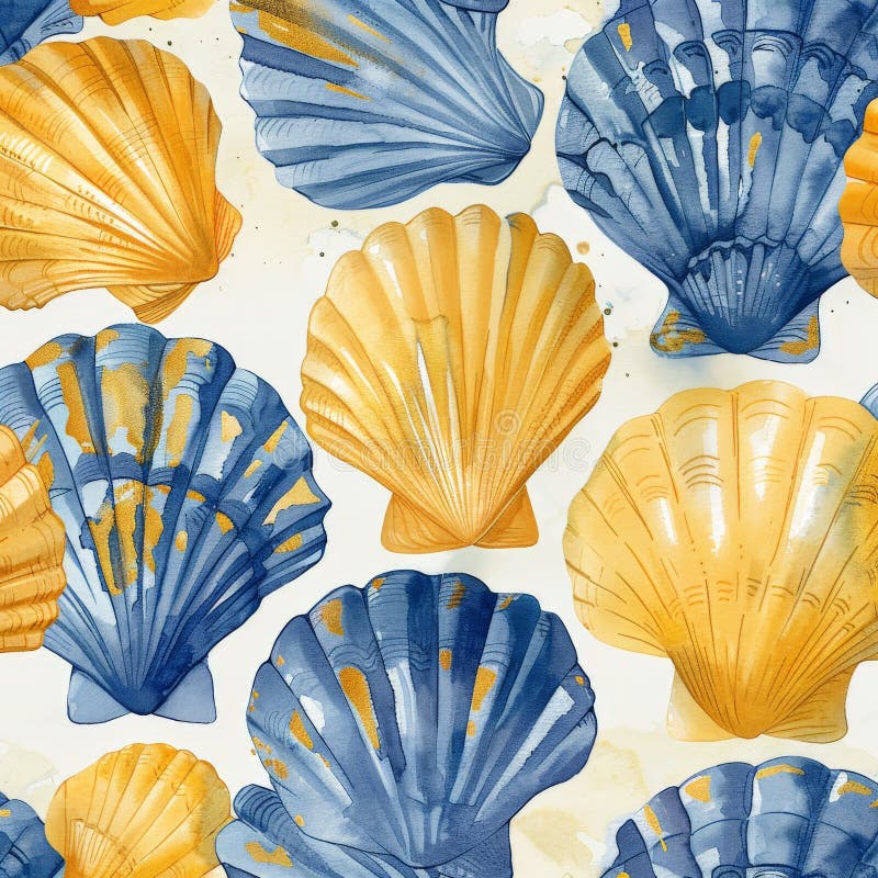 Assorted Blue and Yellow Seashells on White Background Stock Illustration - Illustration of ...