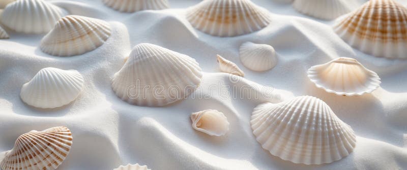 Variety of White Seashells Arranged on White Sand Creating a Beautiful ...