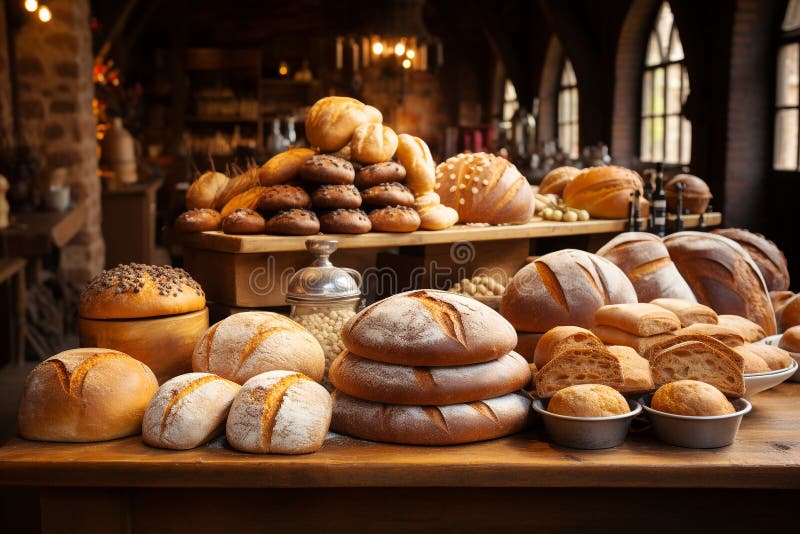 Variety of Whole Grain Bread and Buns, Bakery with Fresh Baked Pastry ...