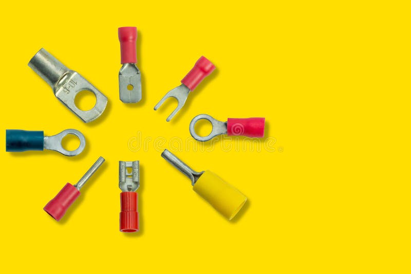 Variety of Wire Terminals Arranged on a Bright Yellow Background Stock ...