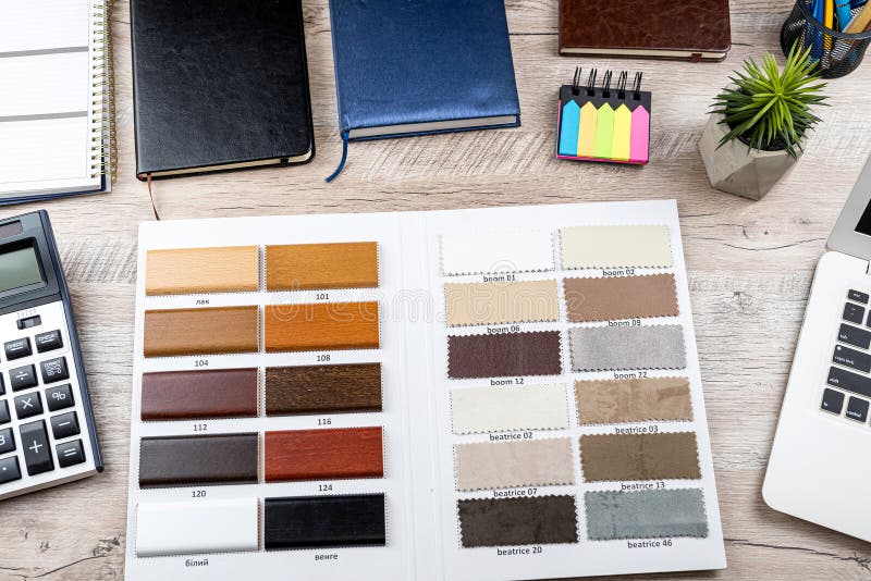 Variety of Wood Veneer Material Sample for Design on Office Desk Stock ...