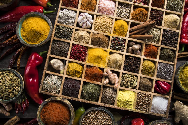 Assorted Spices in a Wooden Box Stock Image - Image of bowl, group ...
