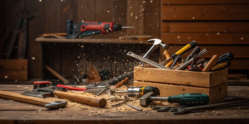 Wooden Workbench Workshop Scattered Carpentry Tools Including Stock ...