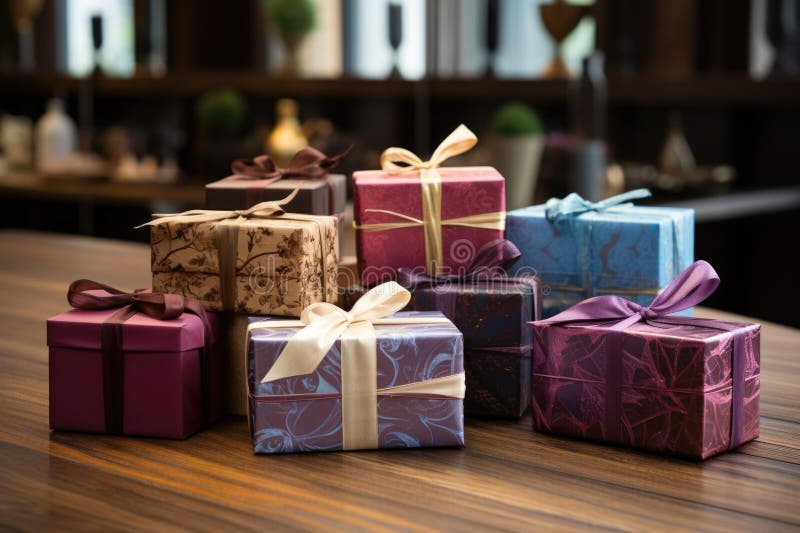 A Variety of Wrapped Gift Boxes on Wooden Table Stock Image - Image of ...