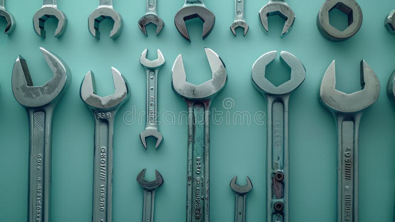 Variety of Wrenches on Teal Background Tools for Maintenance, Repair ...