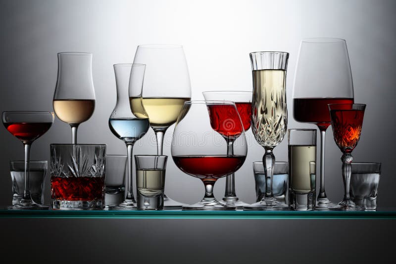 Various Alcoholic Drinks on a Glass Shelves Stock Photo - Image of ...