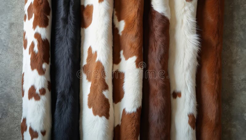 Various Animal Hides Display on Textured Surface. Cowhide, Leather ...