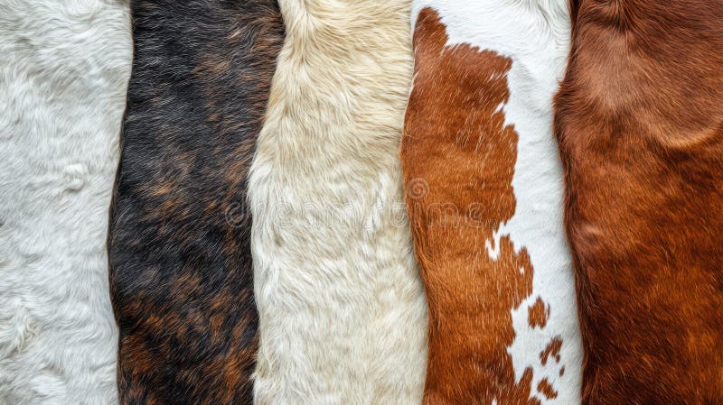 Various Animal Hides Displayed in a Row on a Textured Surface Stock ...