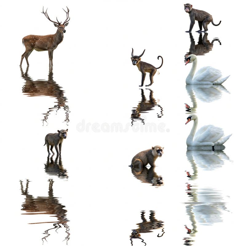 Various Animals are Placed on a Reflective Surface Against a White ...