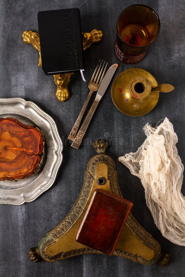 Various Antique Objects on Black Chalkboard Background Stock Photo ...