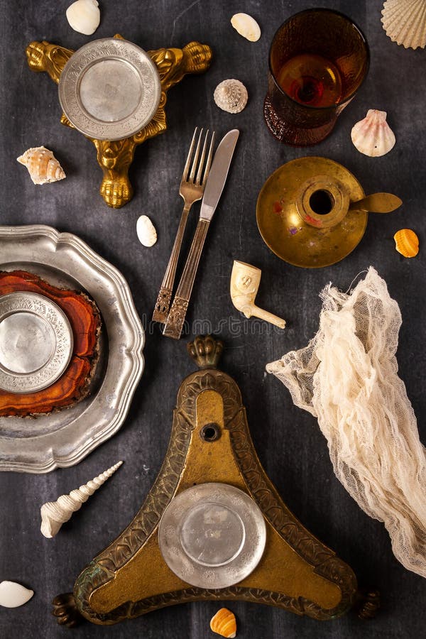 Various Antique Objects on Black Chalkboard Background Stock Photo ...